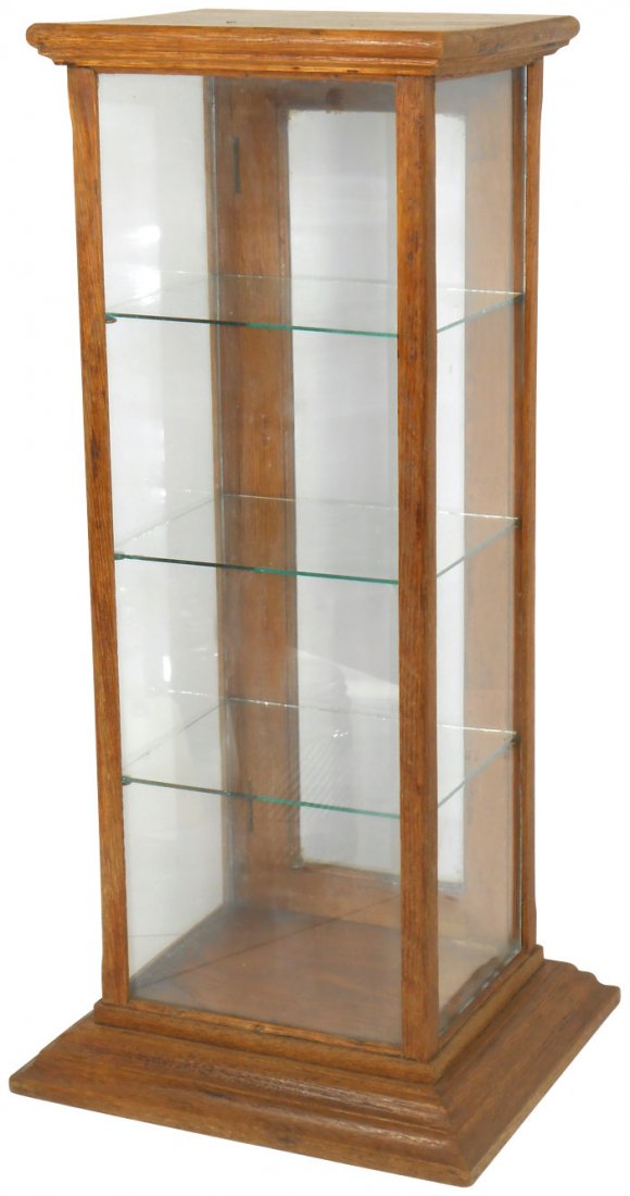 Counter display case, oak vertical case w/glass shelves