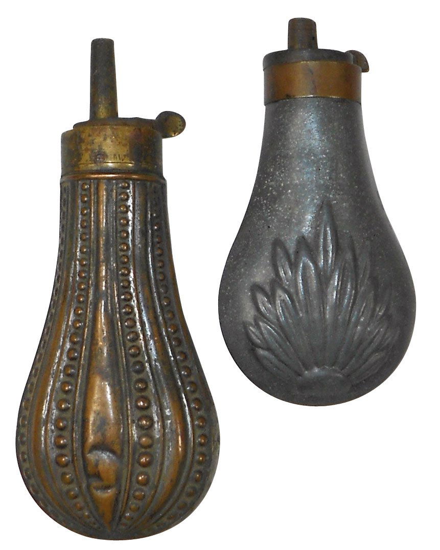 Powder flasks (2), both small-sized (pistol-type) embo