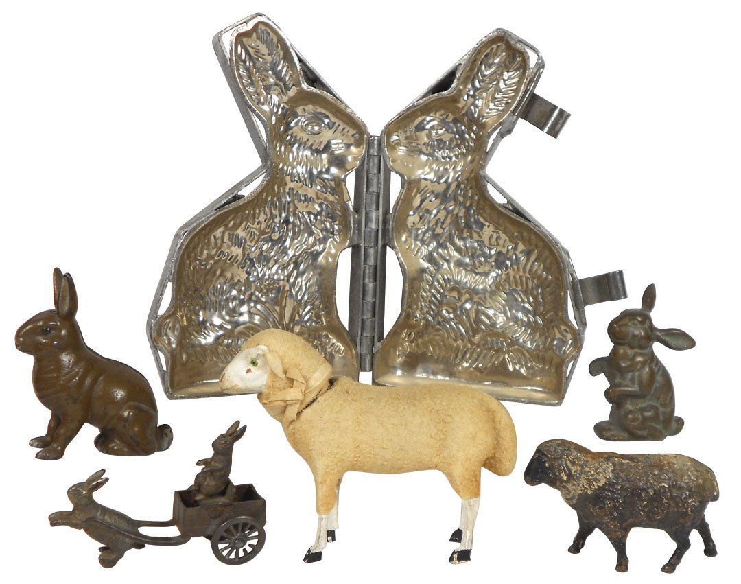 Rabbit chocolate mold, cast metal rabbit pulling cart,