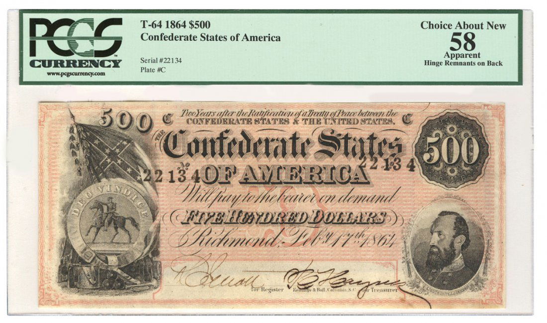 Confederate money, $500. bill, T-64 1864, Serial #22134 - May 05, 2013 ...