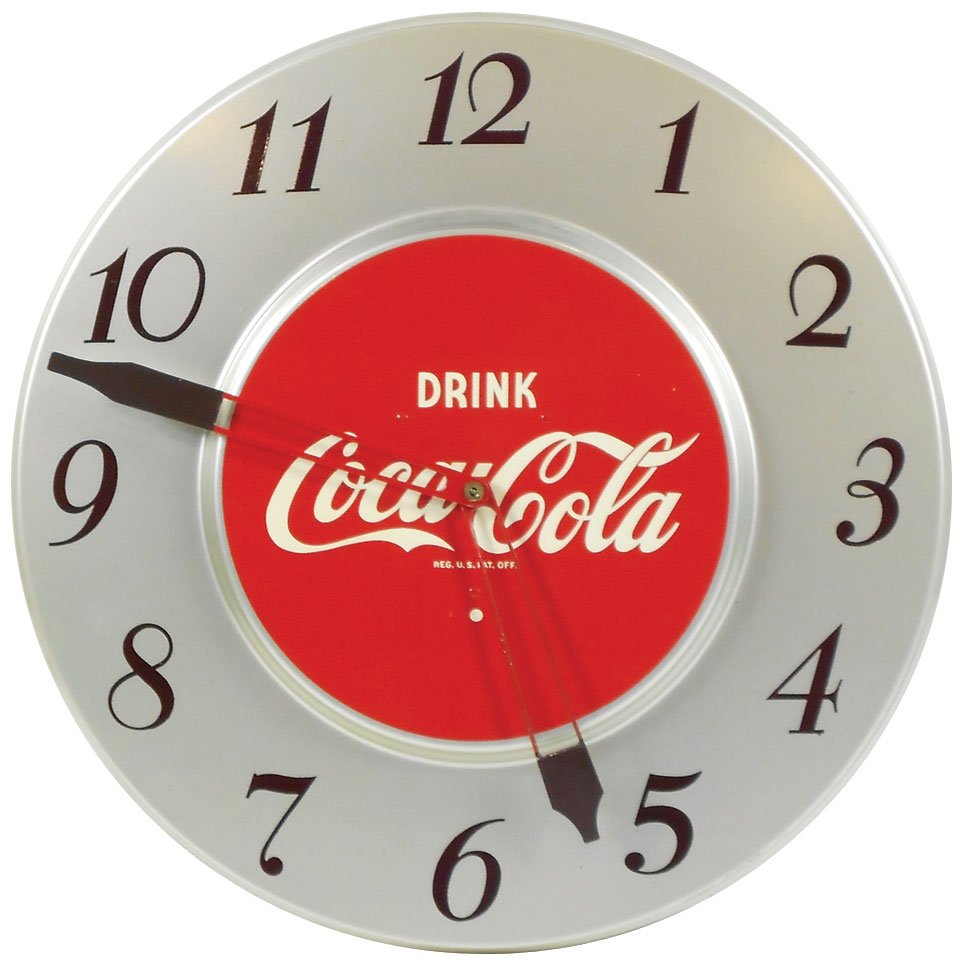 Coca-Cola clock, "Drink Coca-Cola," c.1951, emb metal,