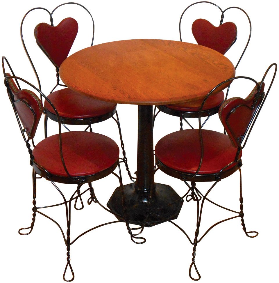 Soda fountain ice cream table & 4 chairs, round oak top