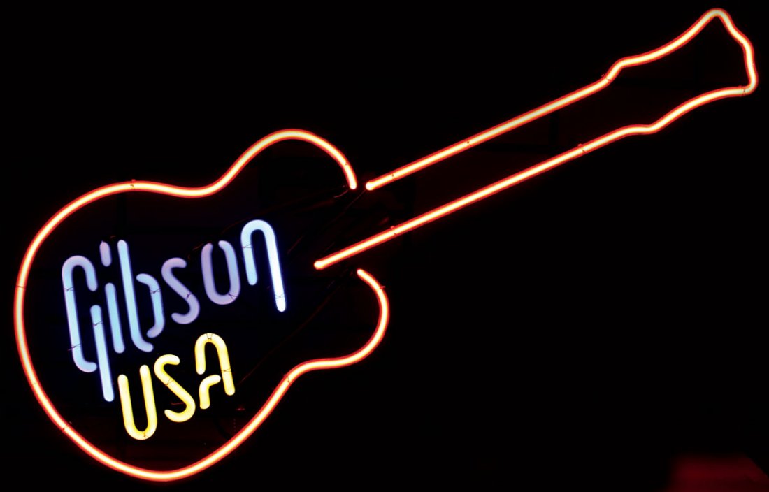 Neon guitar sign, "Gibson USA", red, blue & yellow, NOS