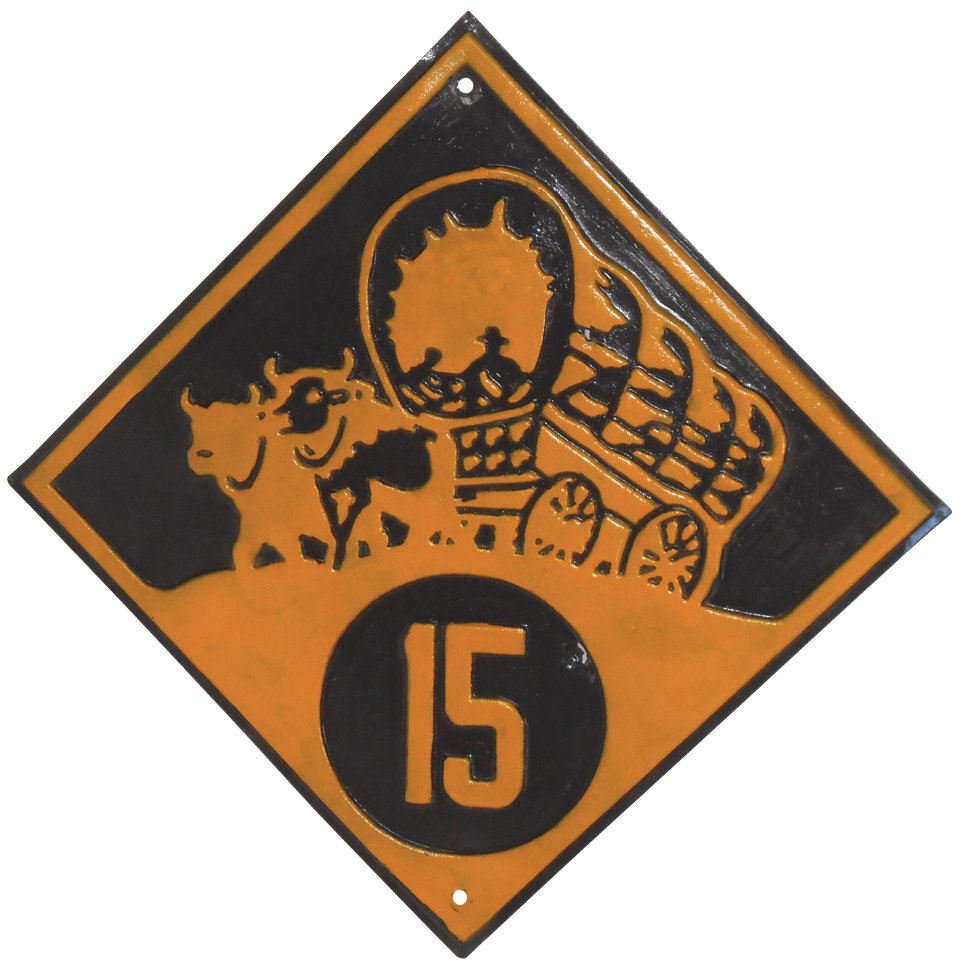 Western sign, covered wagon road sign #15, cast metal,