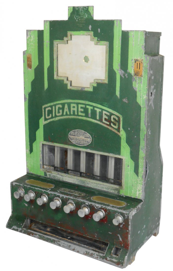 Coin-operated machine, Art Deco cigarette vendor, mfgd