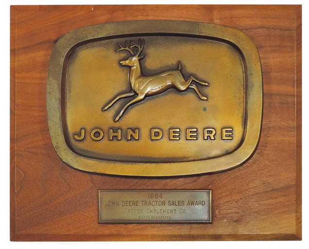 John Deere Plaque, Tractor Sales Award, Grover Impl Co.