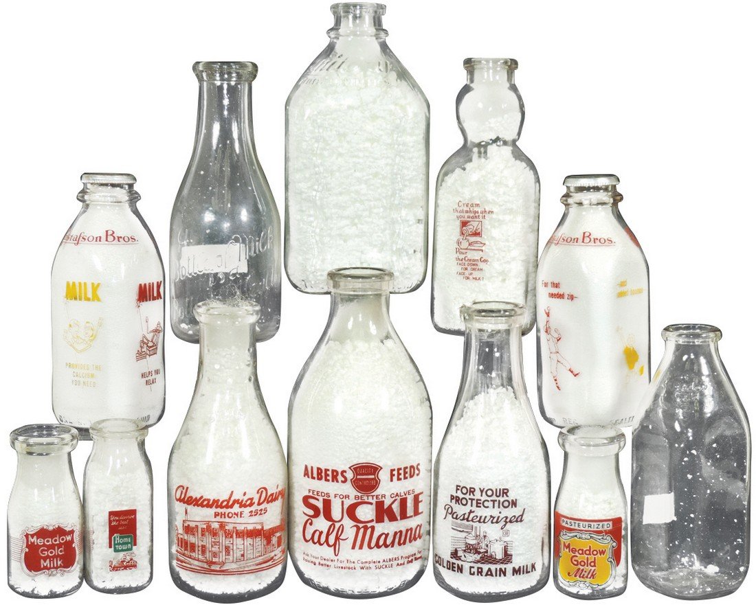 Milk bottles (12), (2) Alexandria Dairy-Alabama; Albers