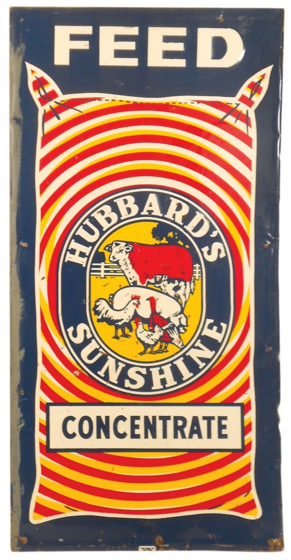 Feed sign, Hubbard's Sunshine Feeds, embossed metal,