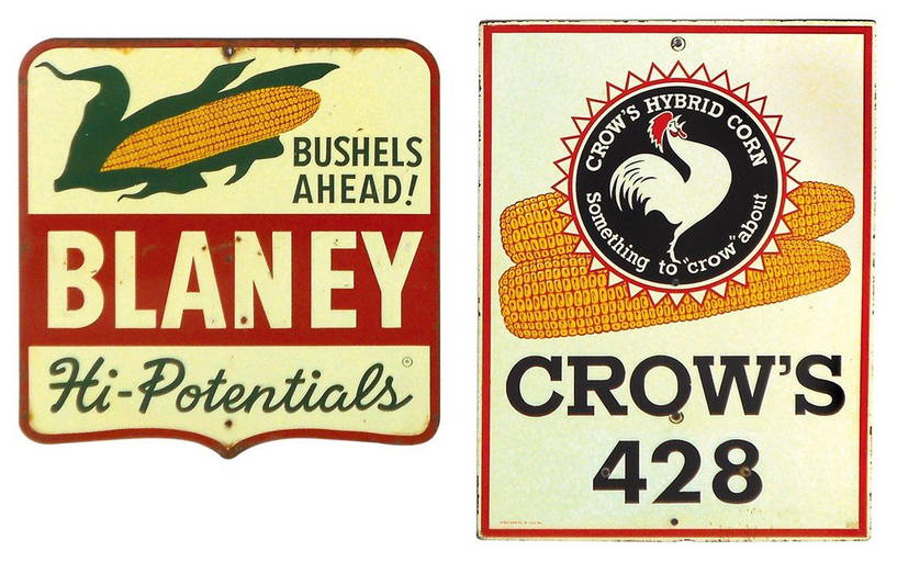 Seed Signs (2), Crow's Hybrid Corn, Mfgd By Stout Sign