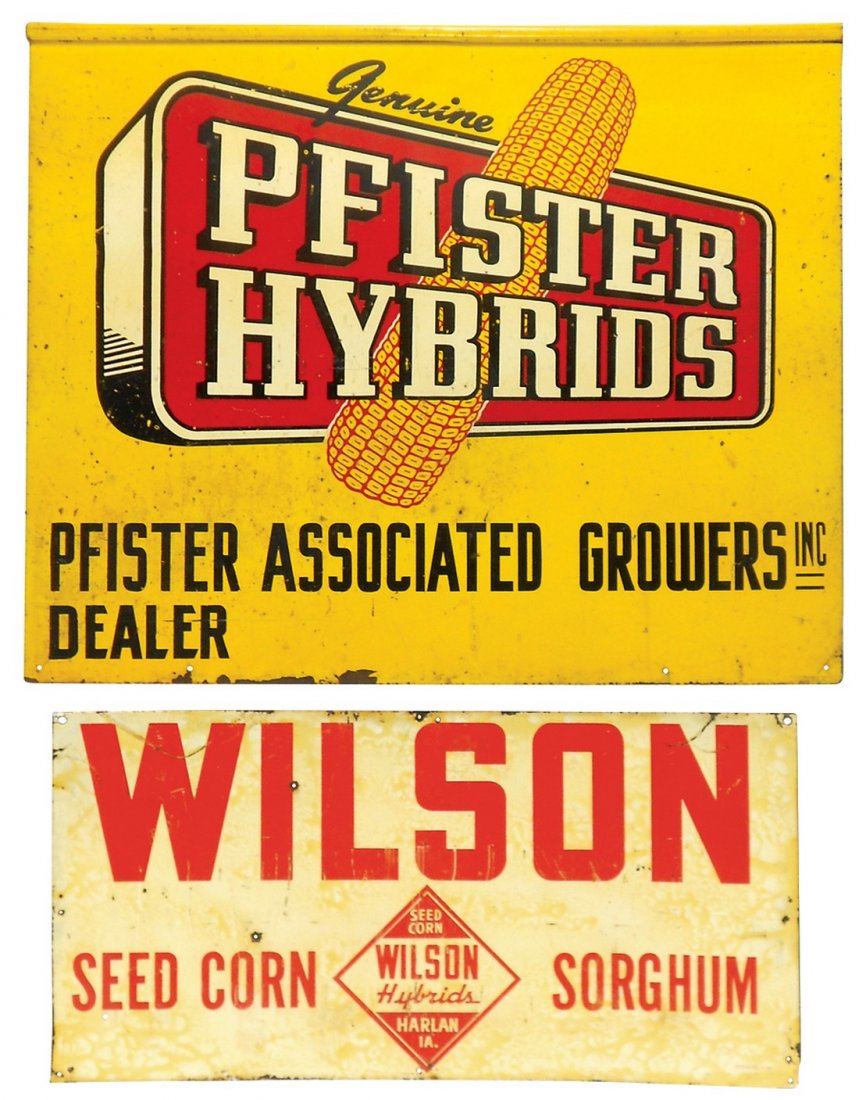 Seed signs (2), Pfister Hybrids, 2-sided, Good cond
