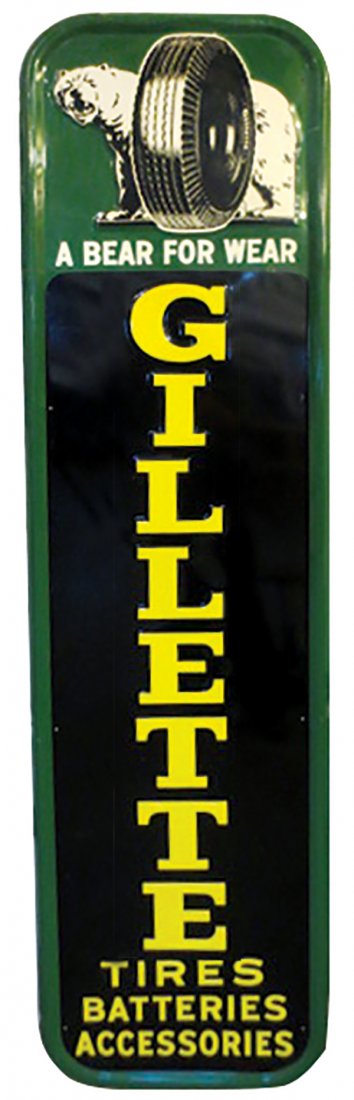 Automotive sign, Gillette Tires, SS embossed tin, marke