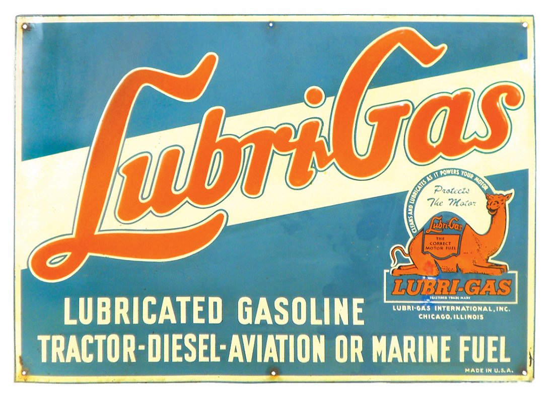 Gasoline sign, Lubri-Gas Lubricated Gasoline, embossed