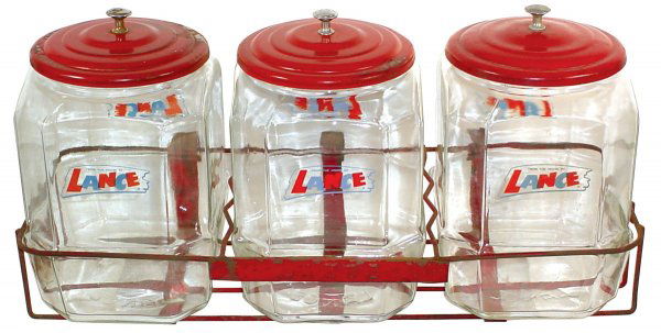 Lance's Peanut Display Jars In Rack, 3 8 Sided Gla