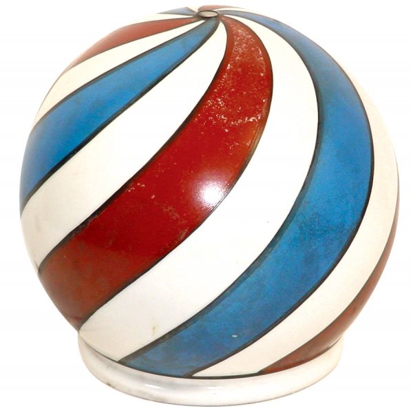 852: Barber shop globe, red, white & blue swirl, held b