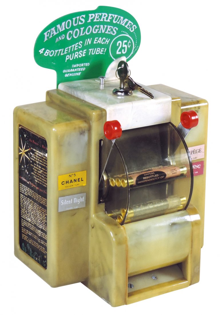 Coin-operated perfume vendor, 25 Cent, dispenses