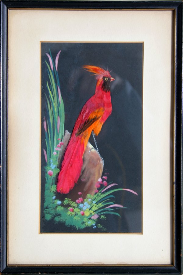 256: Red Bird, Collage Painting with Feathers