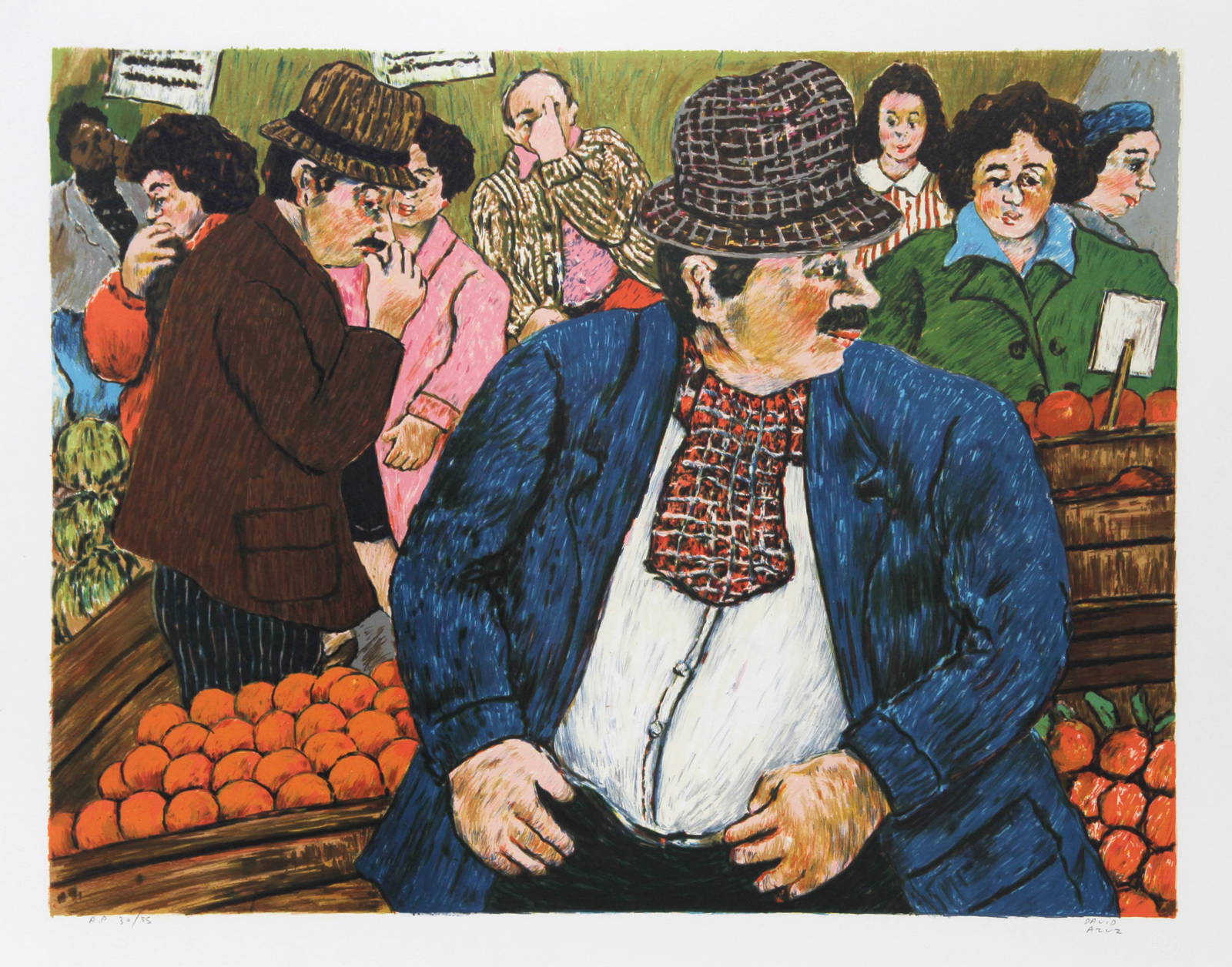 David Azuz, Market In Napoli, Lithograph Auction