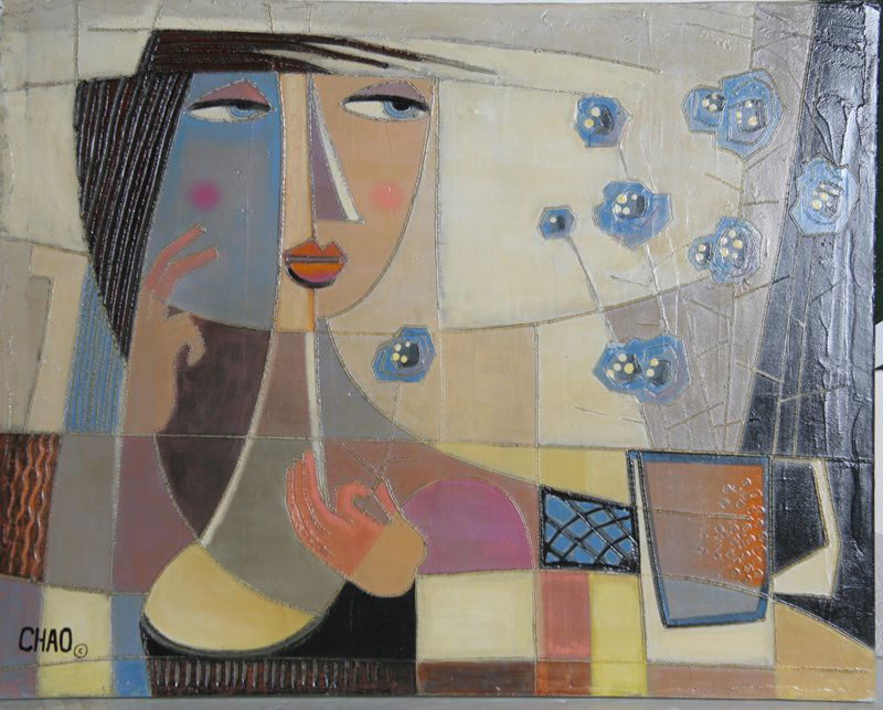 Roger Chao, Girl With Blue Flowers, Oil Painting