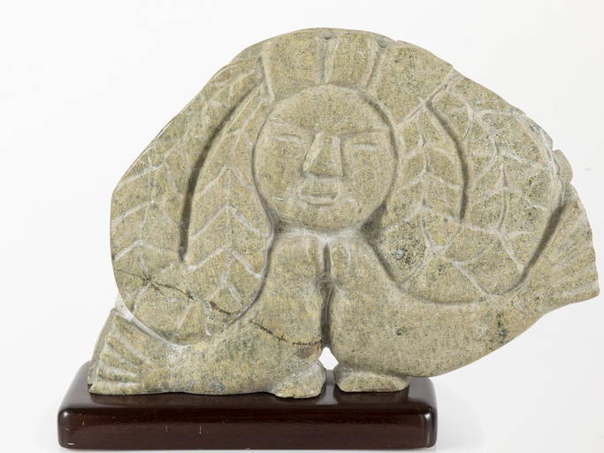 Inuit Carved Stone Sculpture Of Face With Walruses