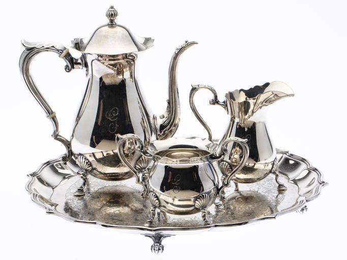 Fischer Sterling Silver Tea Set & Silverplate Tray