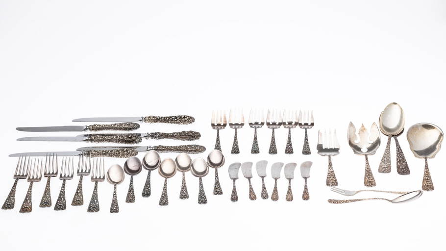 Steiff Rose Pattern Sterling Silver Flatware, 39 Pcs