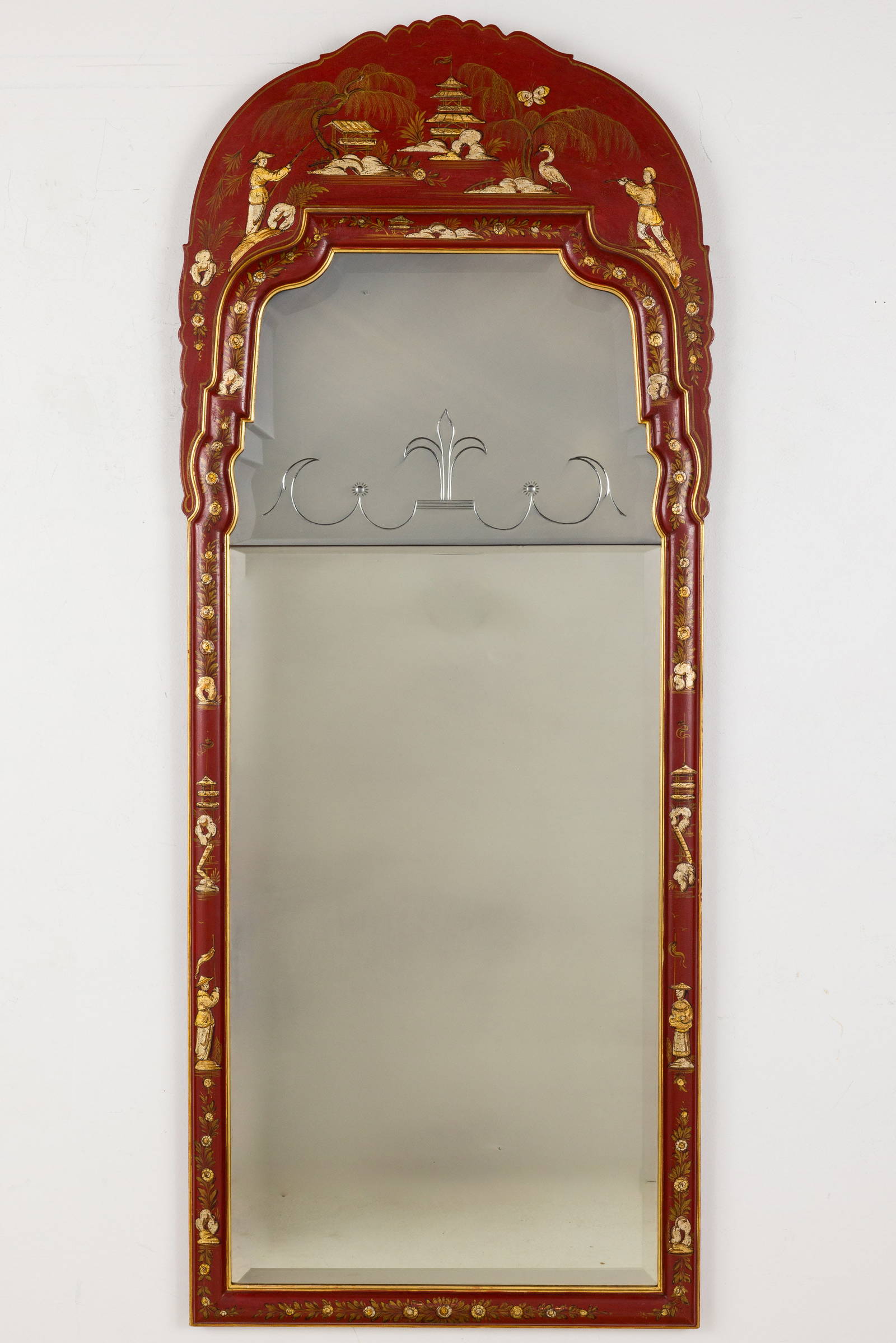 Queen Ann Style Red Lacquer Mirror, Modern Auction