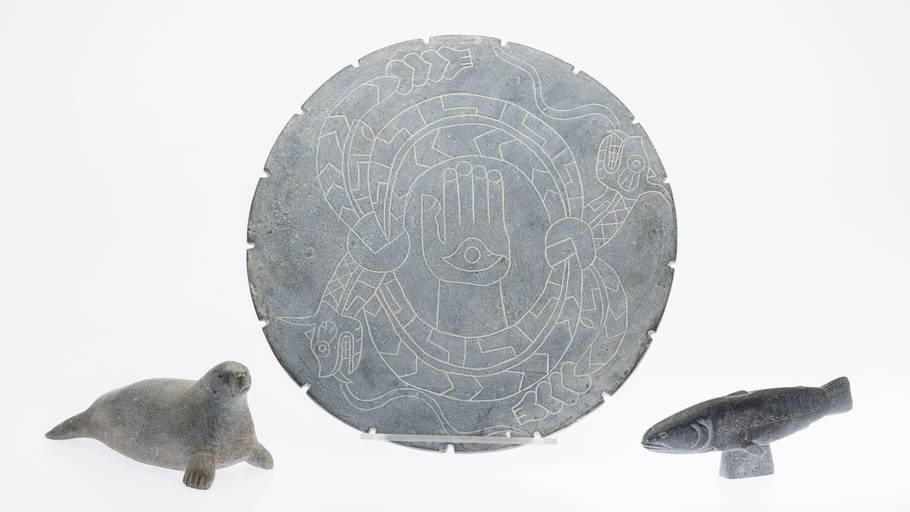 Inuit Carved Stone Fish, Walrus And Ceramic Plaque