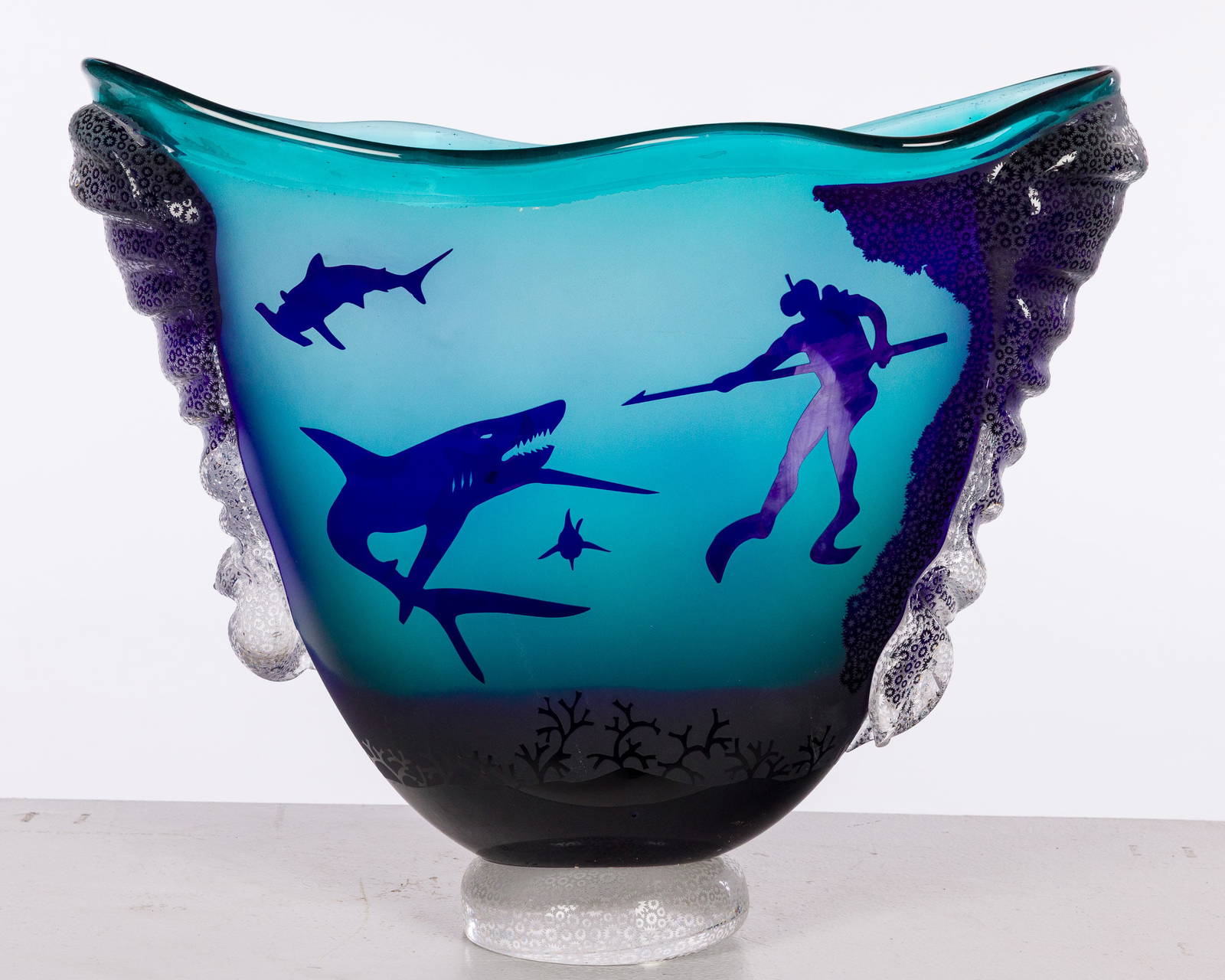 Chuck Boux Cameo Glass Large Vase W Sharks & Diver Auction