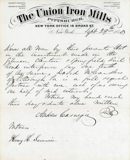 CARNEGIE, ANDREW - Autograph note signed on Union Iron - Aug 11, 2016 ...