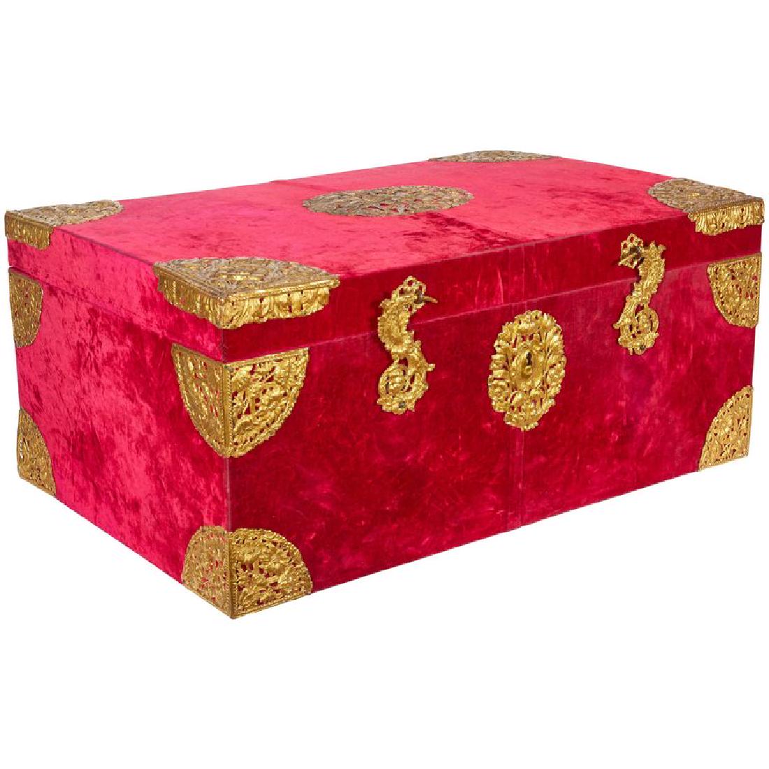 Large Gilt-Bronze Mounted Red Velvet Box / Trunk by