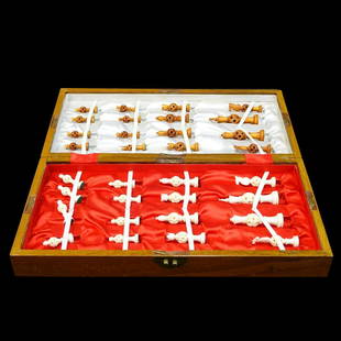 Chinese Hand Carved Ivory Chess Set With Box