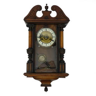 Antique German Wood Case Ra Pendulum Clock