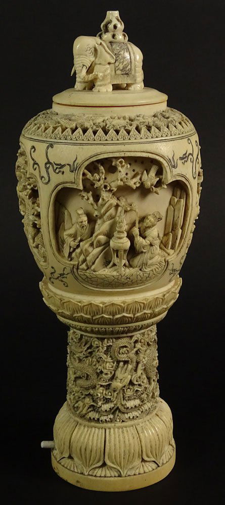 Antique Chinese Reticulated and Carved Ivory Urn.