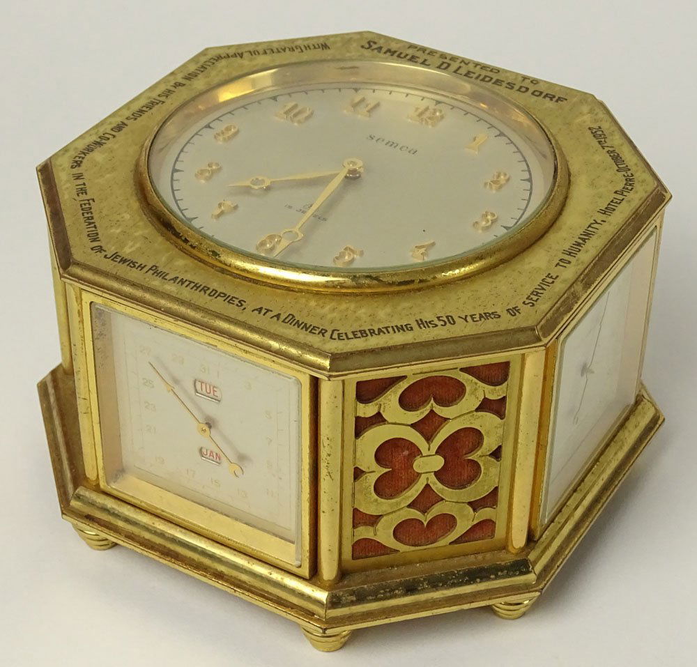 Vintage Semca Gilt Bronze 15 Jewel Desk Clock with