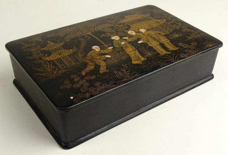 Antique Chinese Papier Mache Lacquered Box. Figural