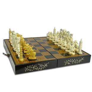 Large Chinese Hand Carved Ivory Chess Set