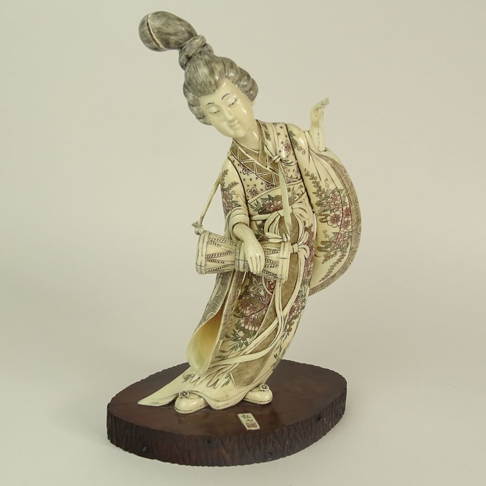 Japanese Carved Ivory Geisha Figure On Carved Wood