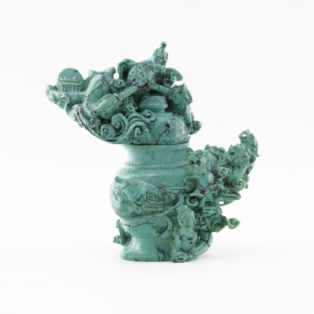 Chinese Hand Carved Turquoise High Relief Dragons