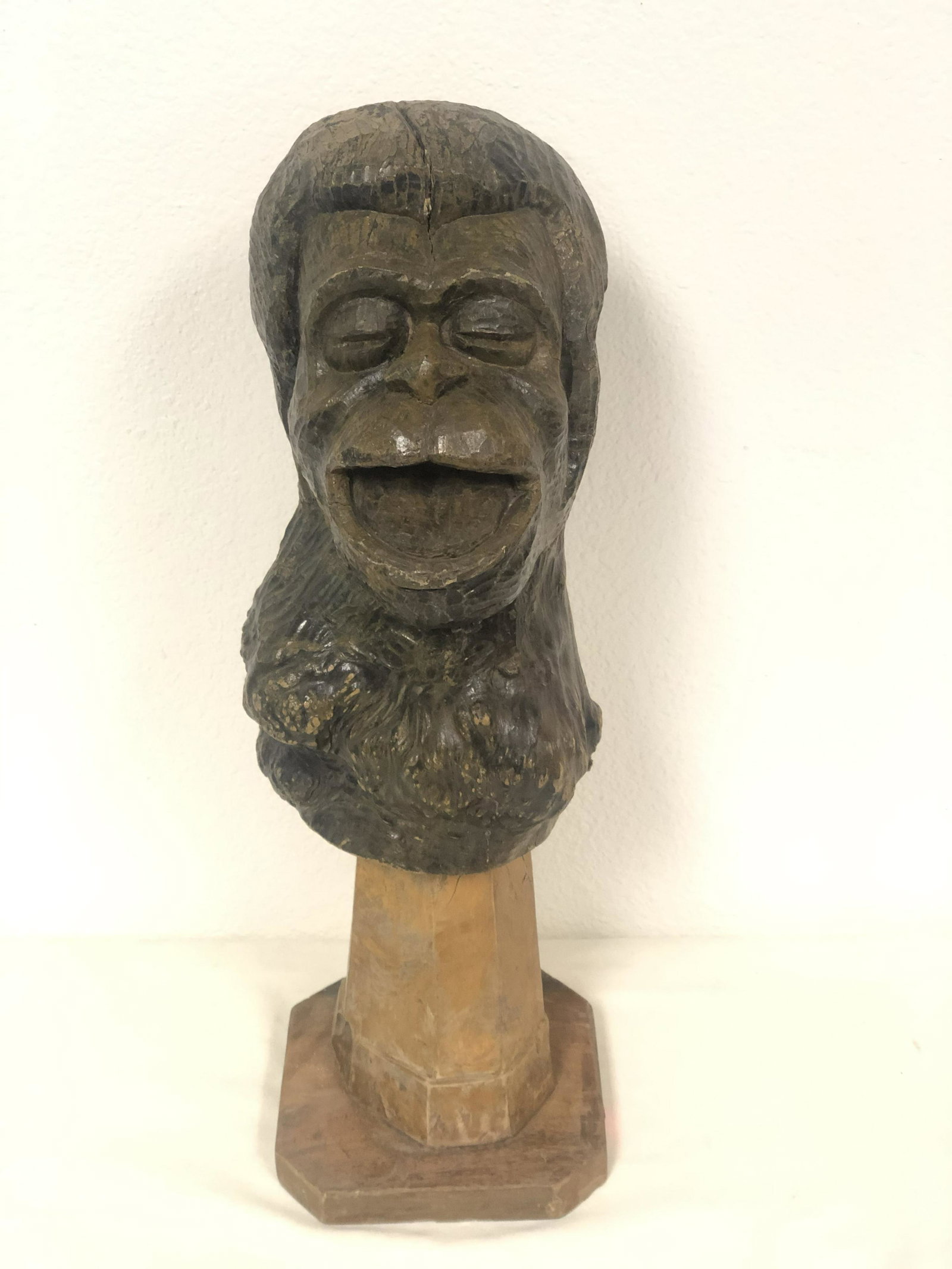 Handcarved Wooden Monkey Bust On Stand