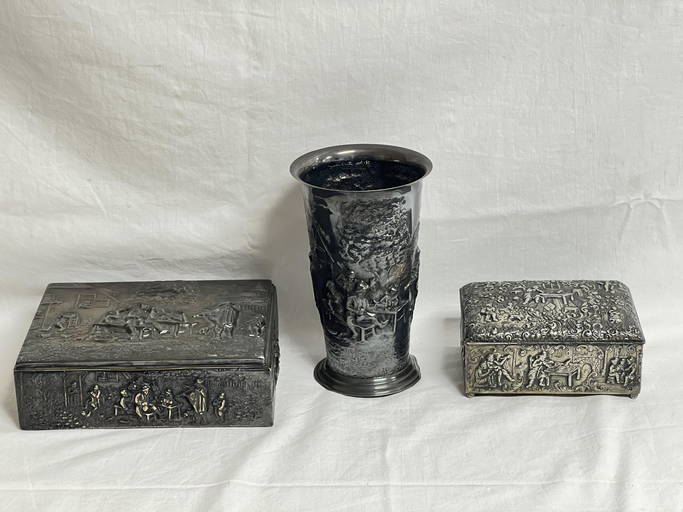 (3)danish Silverplate Repousse Boxes, Vase (1)box W/ Hallmark Barbour S ...