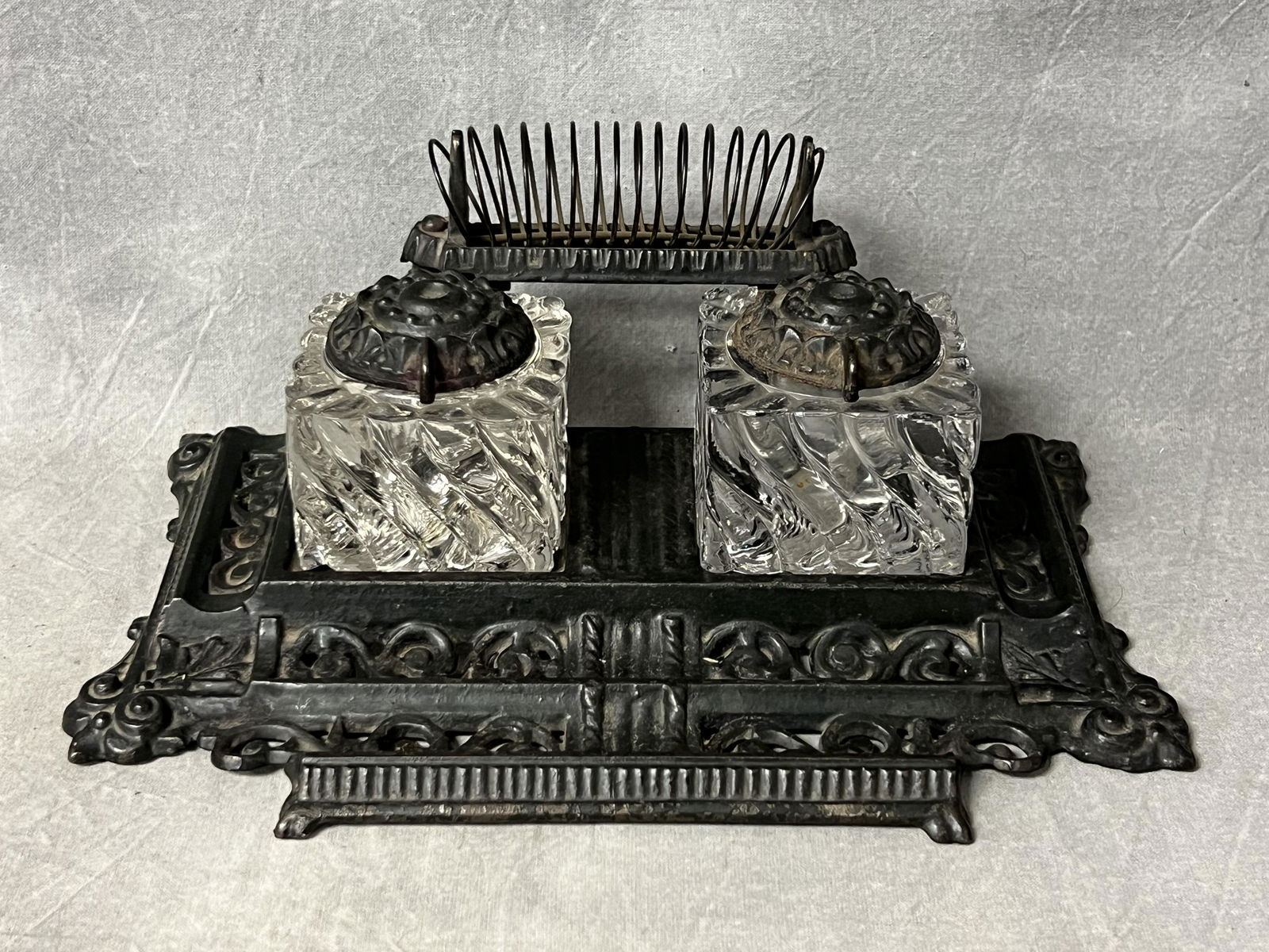 Antique Tatum Cast Iron Inkwells W/ Holders - Dual Inkwells W/ Letter ...