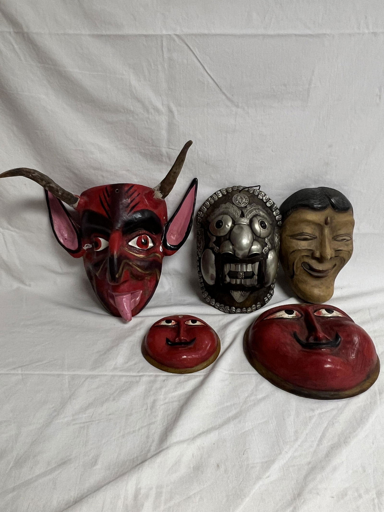 (5)asst Folk Art Masks - (1) W/ Metal Skulls / Snakes Overlay, Carved ...