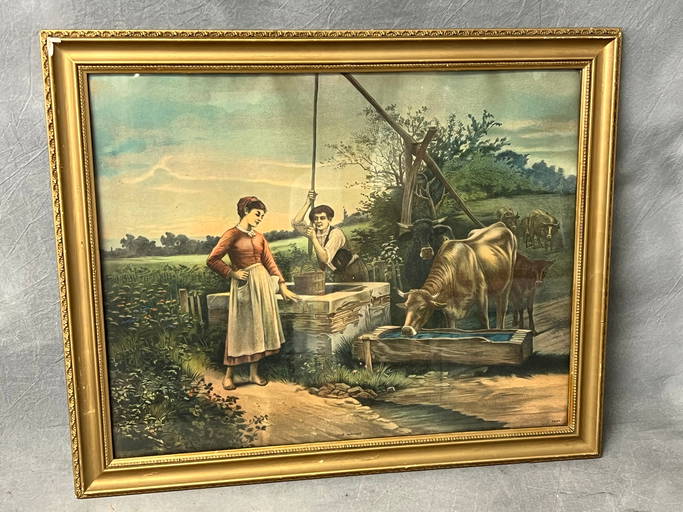 Antique Colored Farm Lithograph ''love Making'' Antique Frame 23'' X 19''