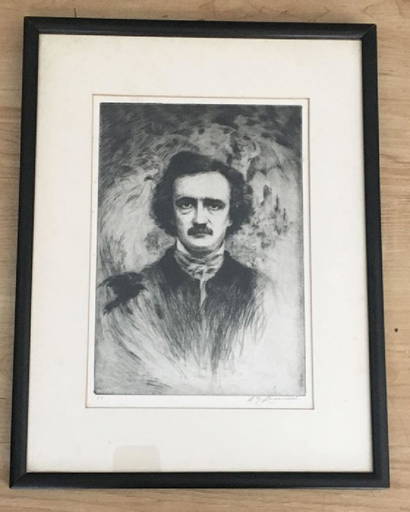 Antique Etching Edgar Allen Poe Signed Learned