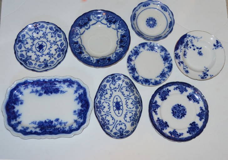 8 Antique Flow Blue Porcelain Plates
