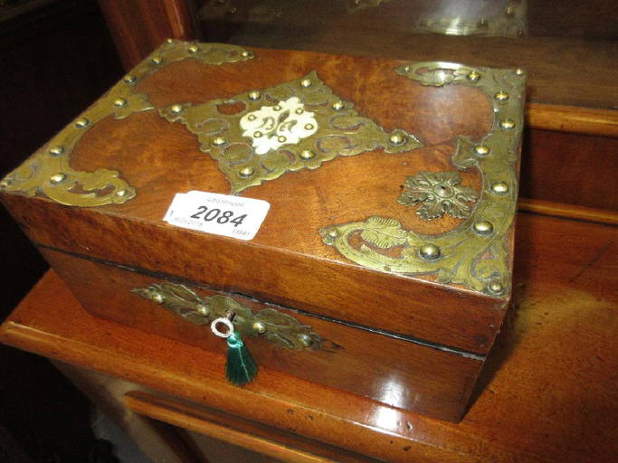 Victorian Figured Walnut Brass Strapwork Decorated