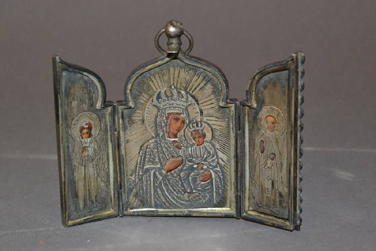 Small Russian Silver Pendant Tryptych, 2.75ins High