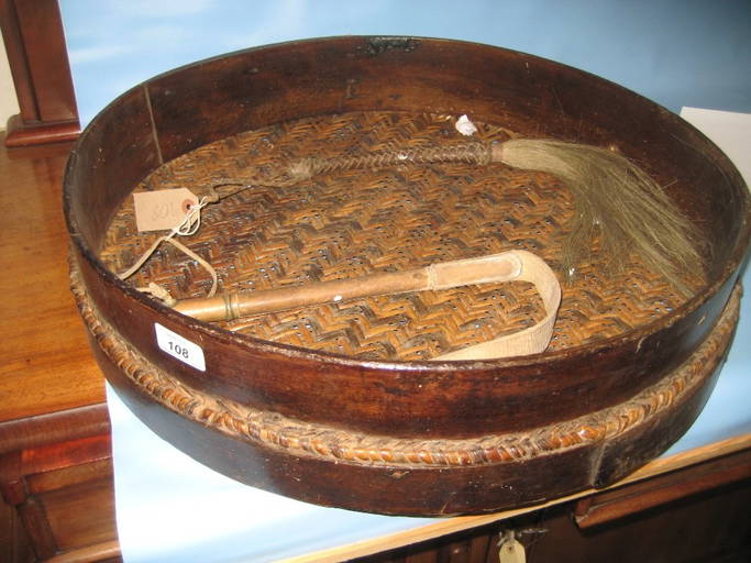 Large Wooden Sieve And Two Native Whips