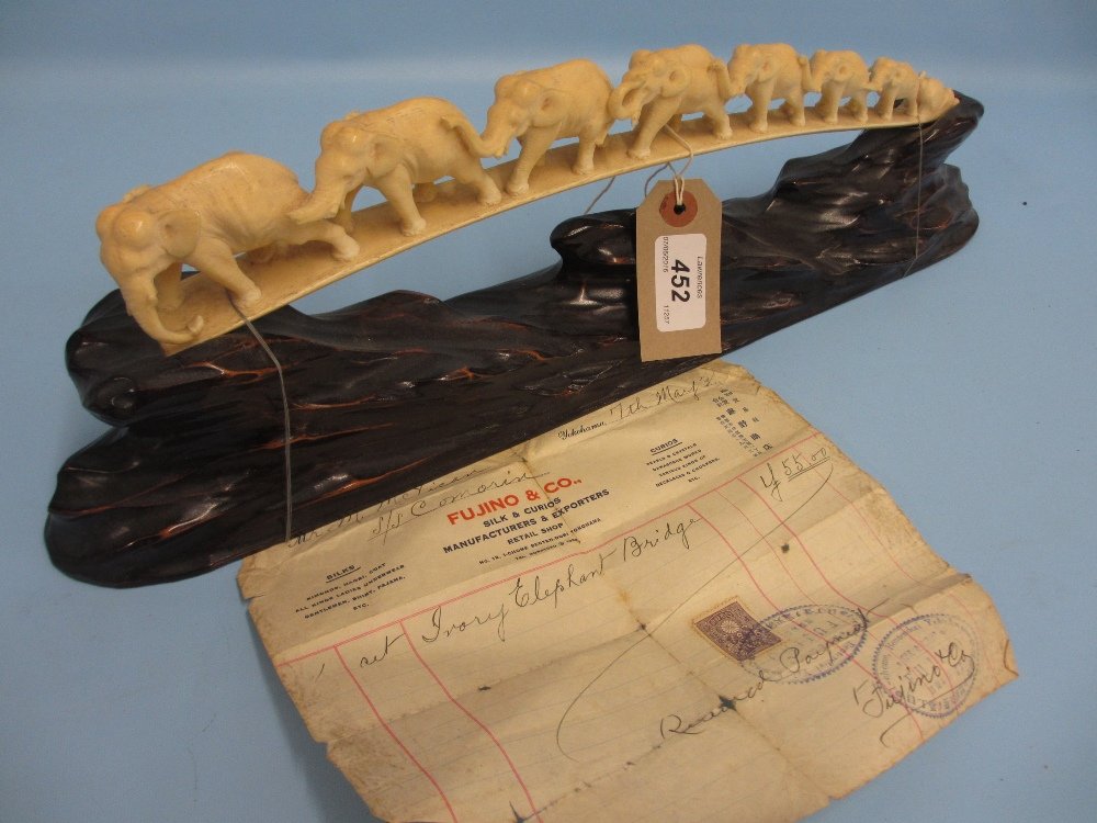 Early 20th Century Carved Ivory Bridge Of Elephants On