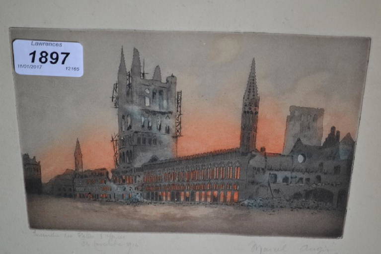 Marcel Augis ?, signed etching, ' Fire at Ypres 1914 ', - Feb 01, 2017 | Lawrences Auctioneers ...